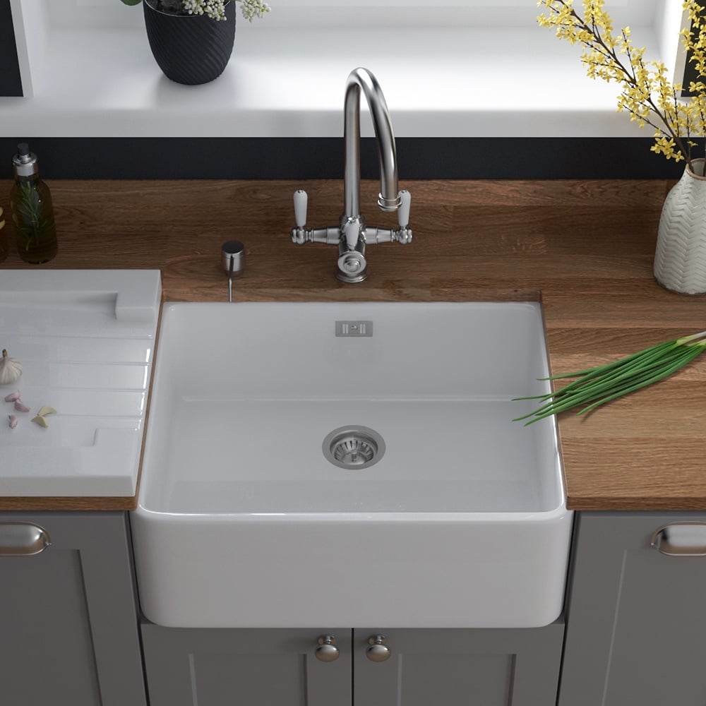 Astini Belfast 600 1.0 Bowl White Ceramic Butler Kitchen Sink with Was ...